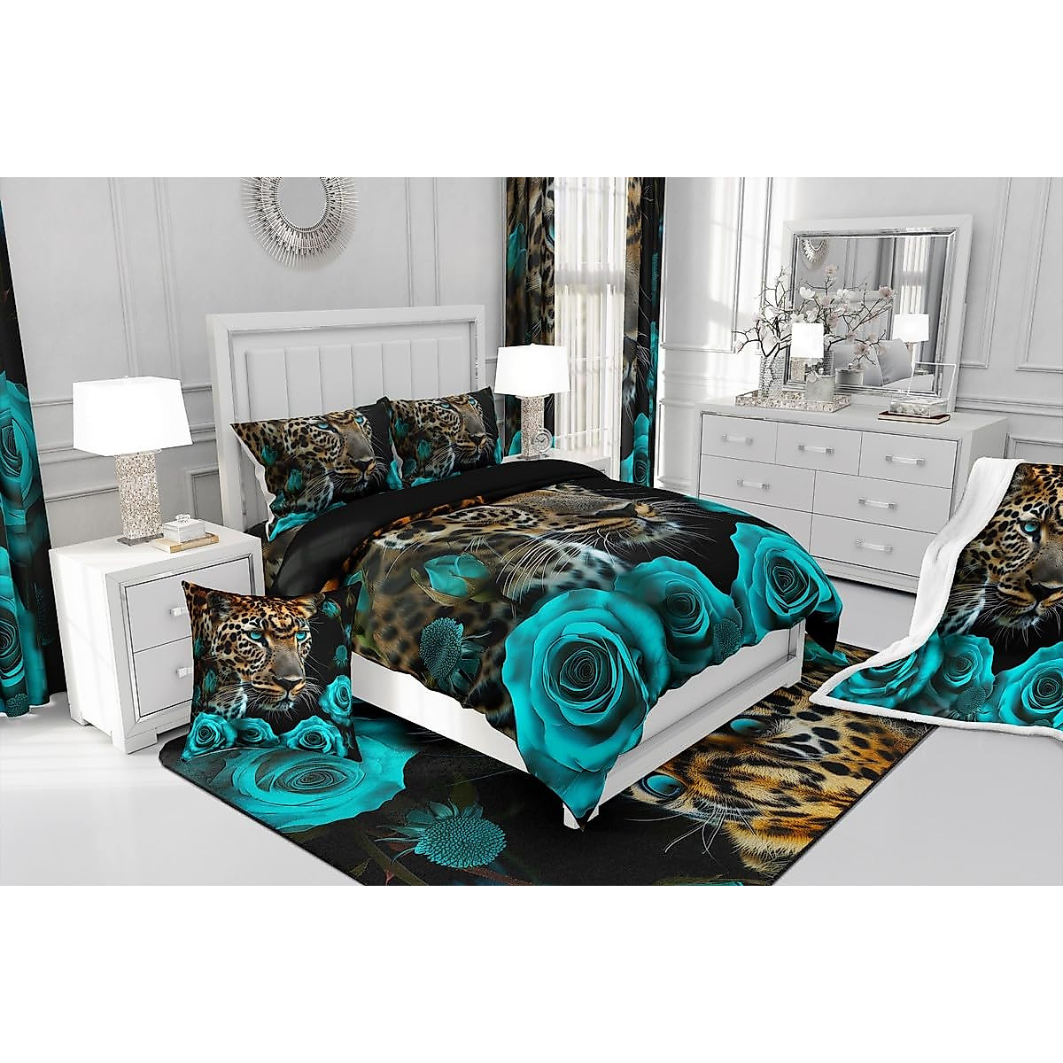 Leopard Bedding Set Turquoise Teal Rose Comforter Cover for Men Women,Cheetah Print Duvet Cover African Safari Animals Big Cat Spot Bed Set Queen,Romantic Flowers Wildlife Wild Animal Room Decor