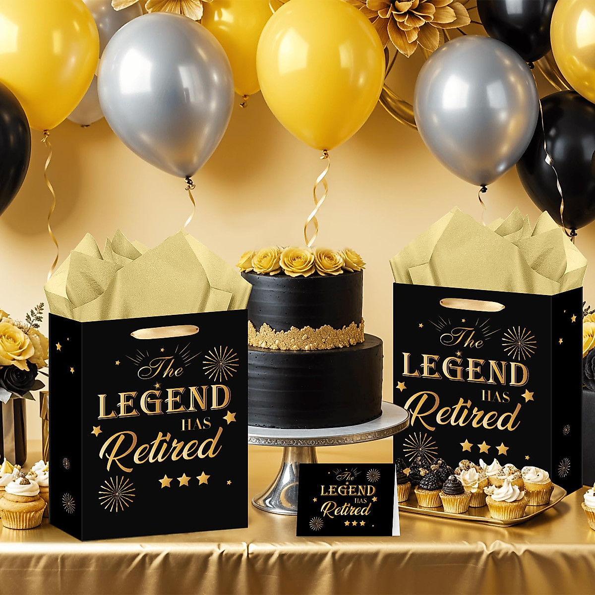 Retirement Gift Bag with Tissue Paper and Greeting Card for Men Women Black Gold Retirement Gift Wrapping Paper Bag for Office Coworker Christmas Xmas Farewell Going Away Party Favors Gift Wrap Bags