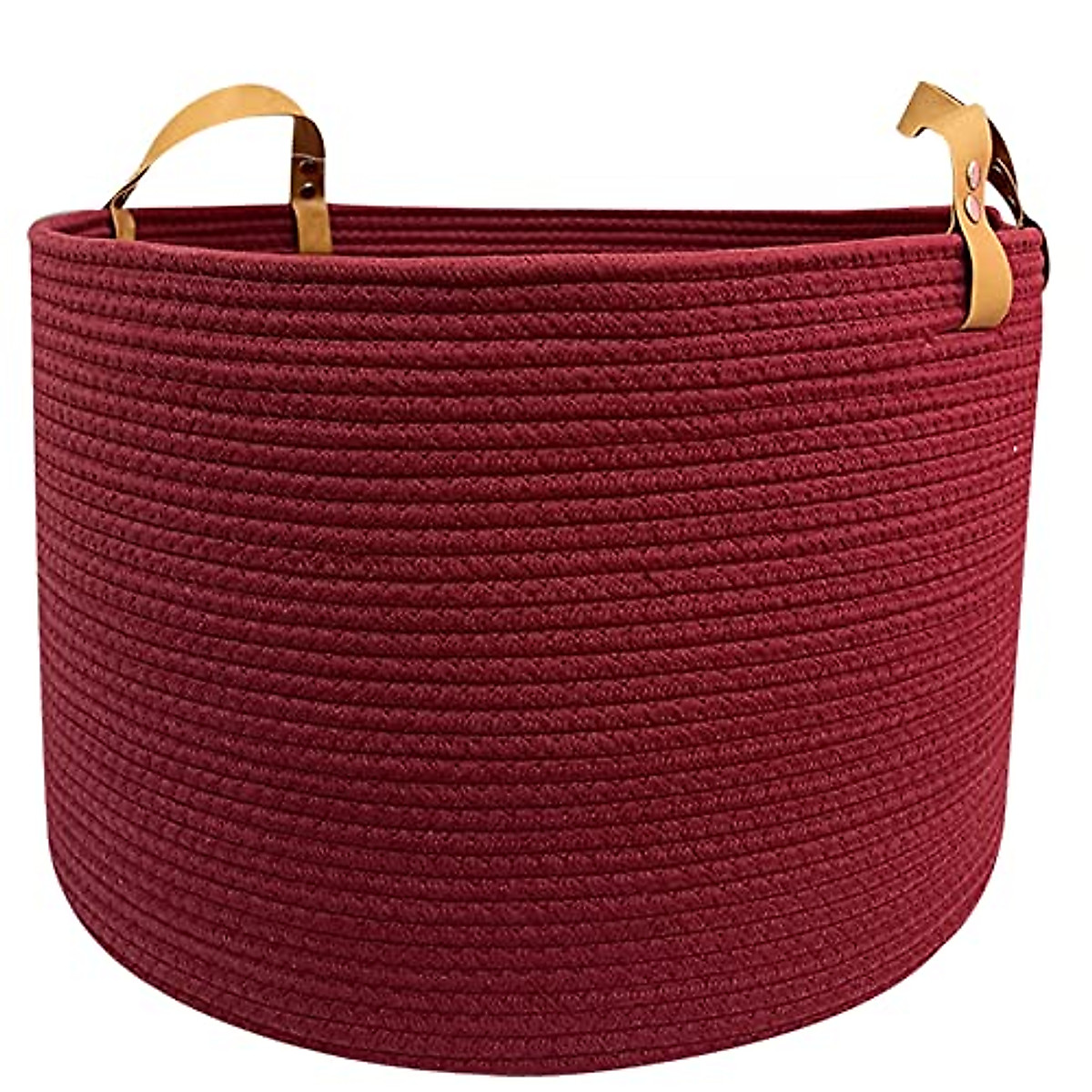 ICEBLUE HD XXL Rope Laundry Basket Woven for Toys Blankets,Storage Basket with leather handles 21"X13" -Burgundy