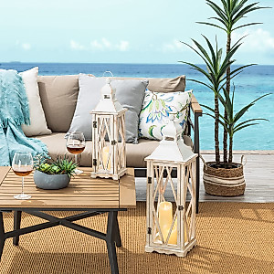 Glitzhome Farmhouse Wood Metal Lanterns Decorative Hanging Candle Lanterns White Set of 2 (No Glass)