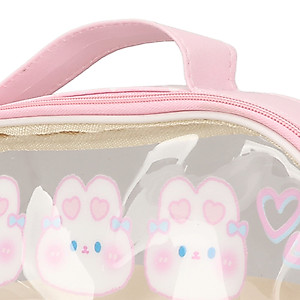 Mokernali Cute Rabbit Pen Bag, Rabbit Pattern Double Layer Pen Bag, Waterproof Transparent Kawaii Pencil Case Pink Cosmetic Bag with Handle