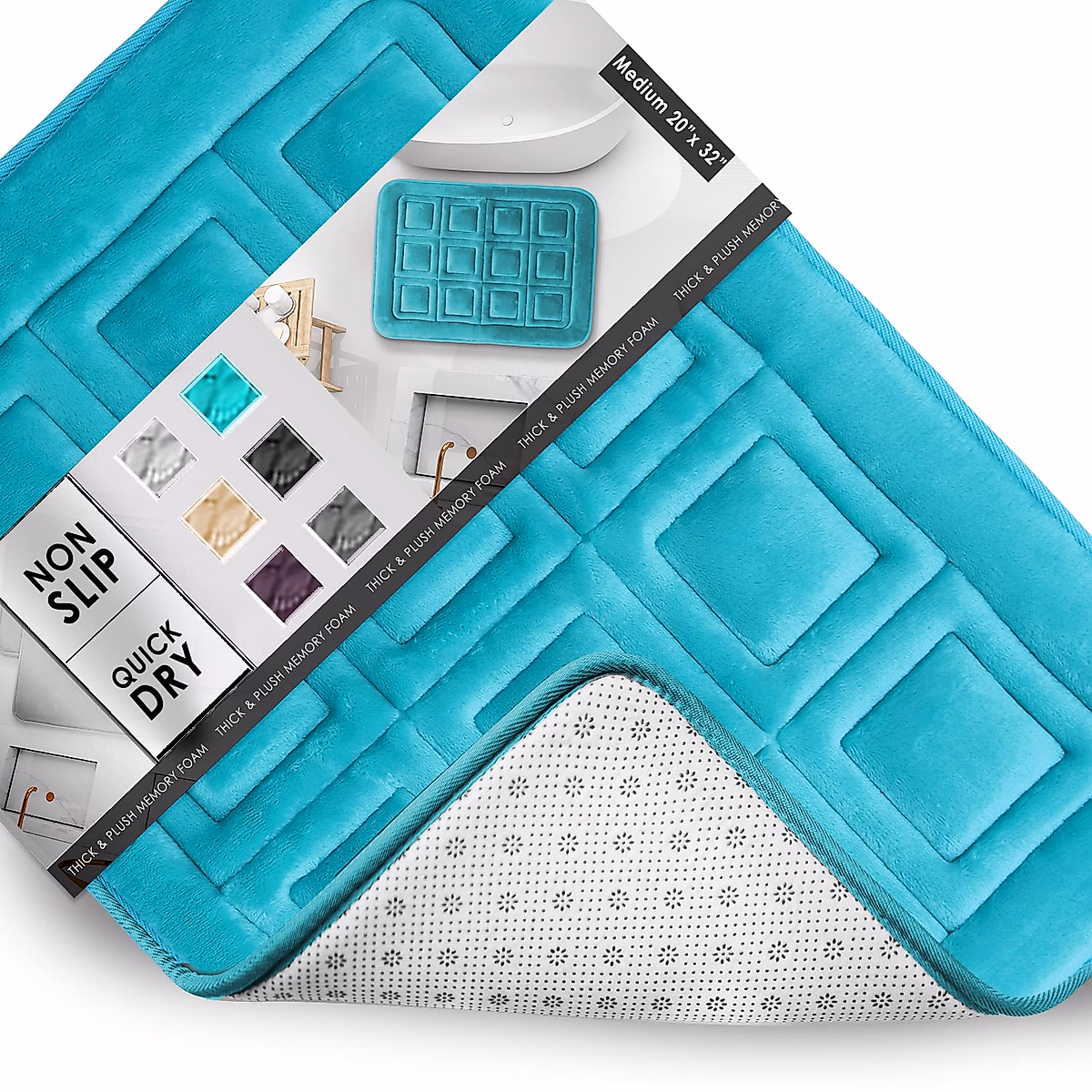 Clara Clark Bathroom Rugs, Velvet Memory Foam Bath Mat, Non-Slip, Machine Washable Bath Rugs - Dries Quickly, Ultra Soft Plush Bath Mats for Bathroom, 20 x 32, Waffle - Teal