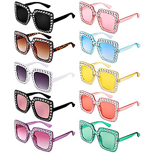 LYMOJOR 10 Pack Rhinestone Sunglasses Bulk, Oversized Square Fun Bling Crystal Sunglasses for Women Party Favors