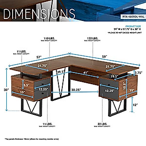 Techni Mobili Reversible L-Shape Computer Drawers and File Cabinet Home Office Desk, 59 x 57.75 x 30, Brown, Grey