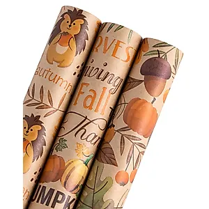 WRAPAHOLIC Kraft Fall Wrapping Paper - Mini Roll - 3 Rolls - 17 Inch x 120 Inch - Pumpkin, Hedgehog and Thanksgiving Lettering Design for Thanksgiving, Autumn, Party, Holiday