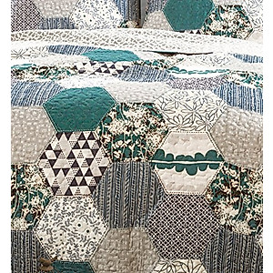 Lush Decor Briley Quilt 3 Piece Reversible Print Hexagon Pattern Patchwork Neutral Bedding Set, King, Turquoise
