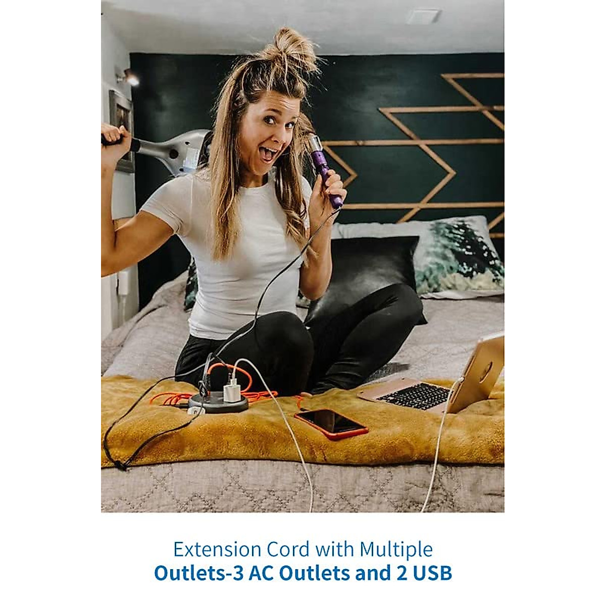 Extension Cord 15 ft Bundle,Flat Plug Power Strip with Widely Spaced Outlets USB Ports, Wall Mount Power Strip, Long Extension Cord with Multiple Outlets for Home, Office