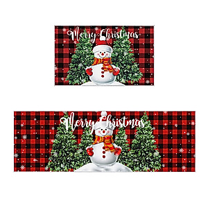 2 Piece Snowman Kitchen Rug Set Merry Christmas Indoor Floor Mats for Winter, Xmas Door Mat Runner Rug Carpet Mat for Kitchen Home Decor (15.7" x 23.6"+15.7" x 47.2") - Red Black Buffalo Check Plaid