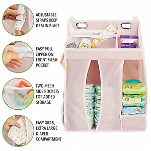 mDesign Baby Nursery Hanging Storage Organizer Caddy and Diaper Stacker for Baby Essentials, Hang on Crib, Changing Table or Wall - Multiple Pockets to Store Wipes, Creams, Lotions,Toys - Light Pink