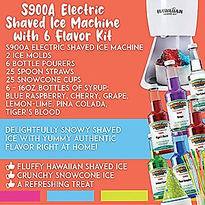 Hawaiian Shaved Ice S900A Shaved Ice and Snow Cone Machine with 6 Flavor Syrup Pack and Accessories