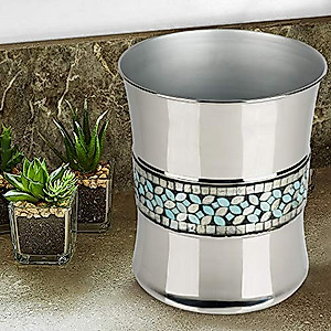 nu steel Sea Foam Wastebasket Trash Bin in Aqua Blue/Silver Glass Mosaic/ Stainless Steel for Bathrooms & Vanity Spaces
