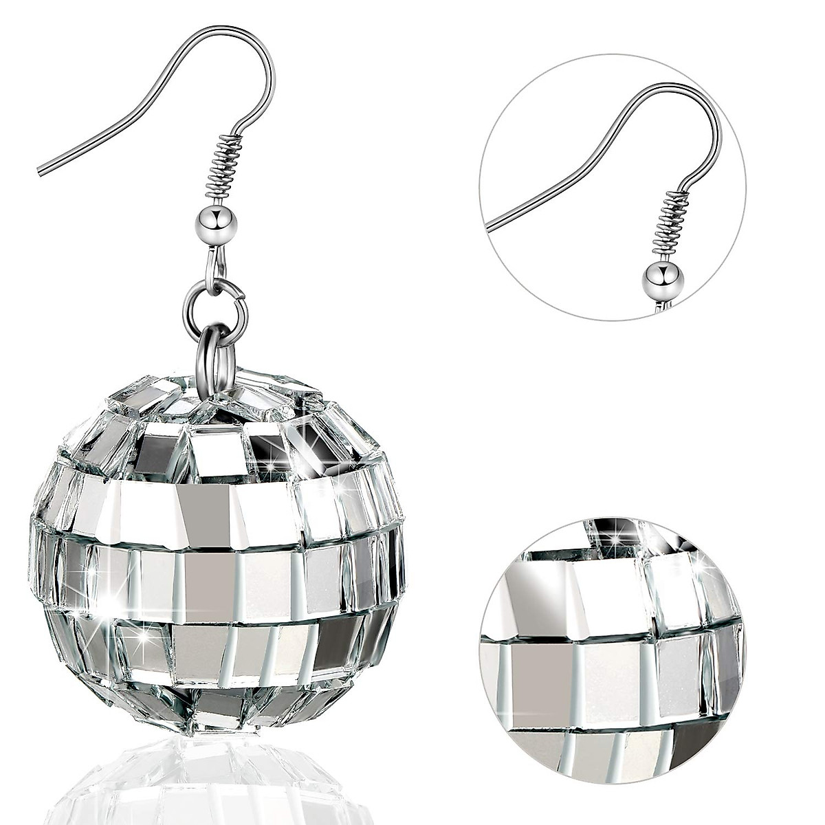 Hicarer Disco Mirror Ball Earrings 60's or 70's Dance Party Silver Costume Accessories for Women and Girls 2024 New Year Party(5 Pairs)
