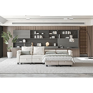 Tbfit Modular Sectional Sofa with Storage Ottoman, Convertible Oversized U Shaped Couch with Reversible Chaises, Sleeper Sofa with Adjustable Arm for Living Room, Beige