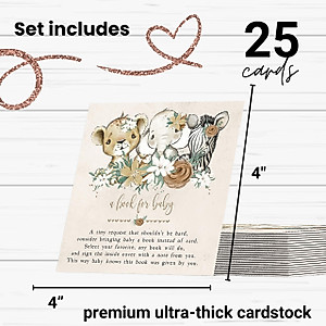 Flora Safari Books for Baby Shower Cards - 25 Pack - Cute Invitation Inserts for Girls - Bring a Book Instead of Cards Poem - Storybook Theme Ideas