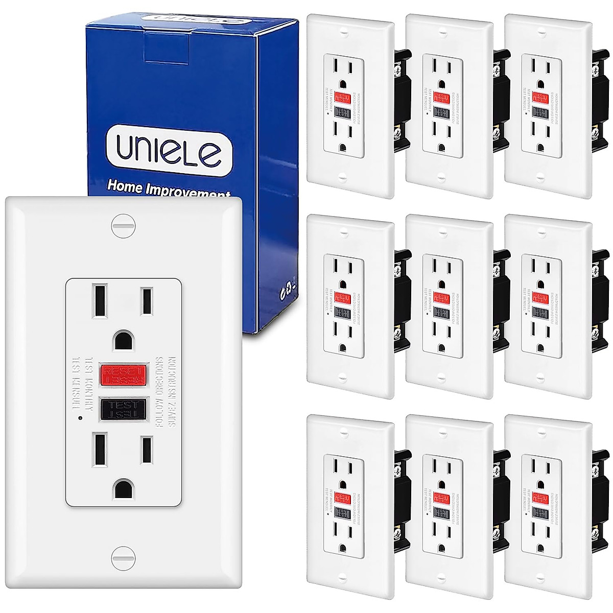 (10 Pack) UNIELE Non-Tamper Resistant GFCI Receptacle Outlet, 15 Amp Ground Fault Circuit Interrupter, GFI Outlets with LED Indicator, Wallplate Included, ETL Listed