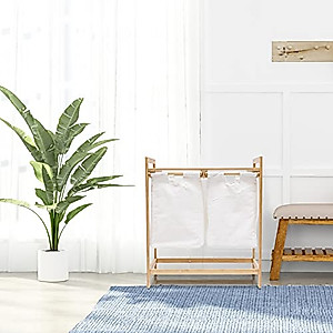 Bamboo Laundry Hamper with Dual Compartments,2 Section Floor Stand Bathroom Storage Shelf Cabinet with Removable Sliding Bags & Shelf Large Freestanding Portable Laundry Basket Hamper Organizer