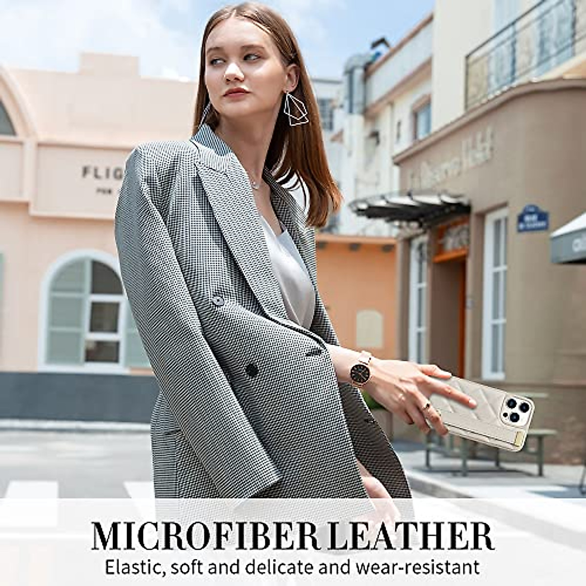 ZVE iPhone 13 Pro Max Case with Strap, Luxury Shockproof Quilted Leather Case with Stand for Women Cover Case Compatible with Apple iPhone 13 Pro Max, 6.7 Inch-Beige