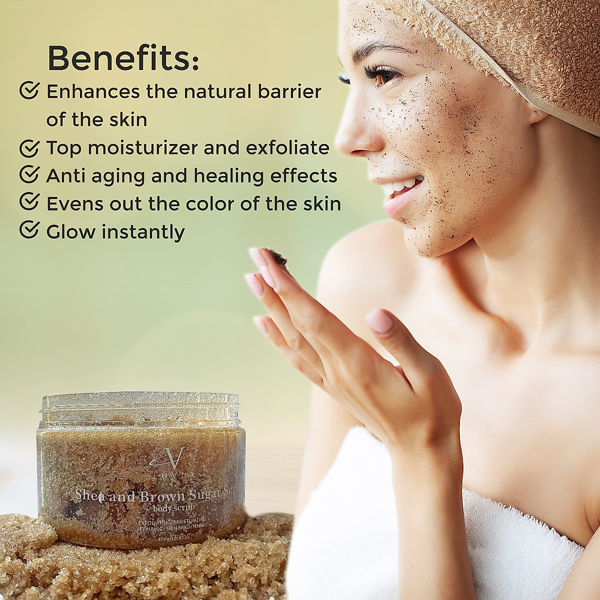 LUVUX Shea Brown Sugar Scrub - Exfoliating Body Scrub for Healthy, Silky, and Instant Glowing Skin – Fights Acne Scars, Stretch Marks, and Wrinkles - Natural Moisturizer and Soothing Texture - 15.84 Oz - Sandalwood Oil Scent