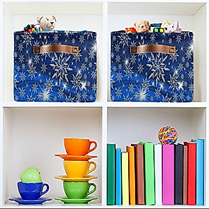 Winter Christmas Blue Snowflakes Storage Basket Xmas Snow Flakes Storage Organizer Box Bin Large Collapsible Cube Baskets with PU Handles for Shelf Closet Nursery Laundry 1 Pack