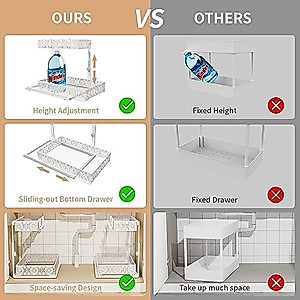 Iirios Adjustable Height Under Sink Organizer, 2-Tier L-Shape Slide Out Sliding Shelf, Under Cabinet Organizer with Drawer and Hooks, Multi-Use Under Sink Storage for Bathroom Kitchen, White