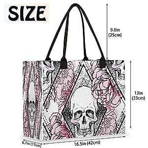 Flower Skull Reusable Grocery Shopping Bag with Hard Bottom, Gothic Skull Floral Large Foldable Multipurpose Heavy Duty Tote with Zipper Pockets, Stands Upright, Durable and Eco Friendly, Beach Bag