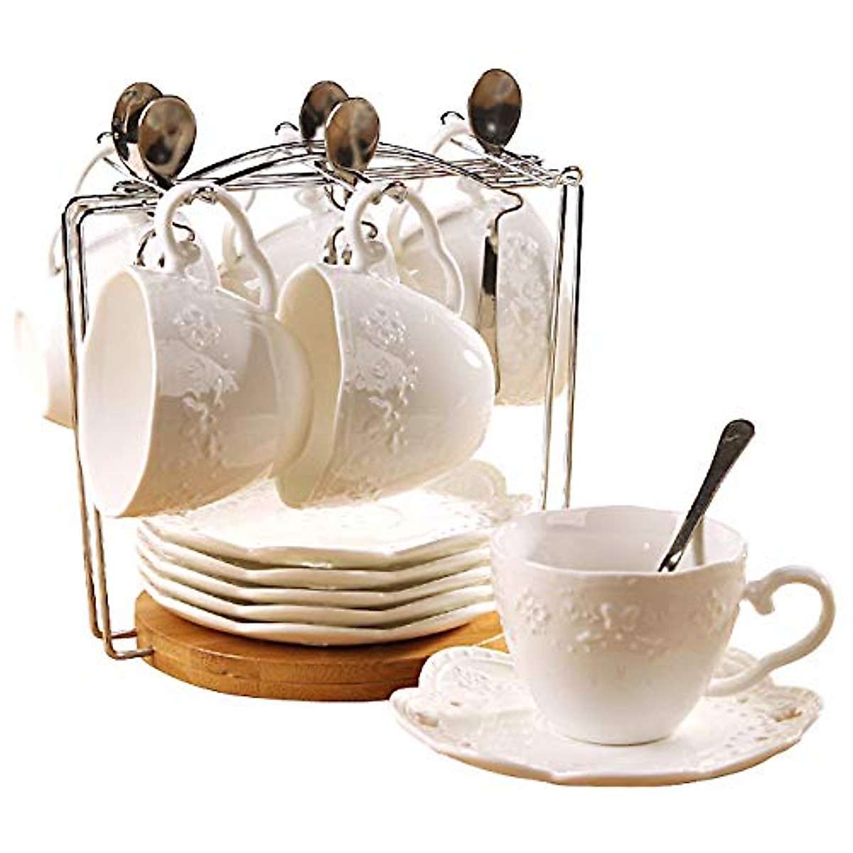 Jusalpha® White Porcelain 5OZ- Tea Cup and Saucer Coffee Cup Set with Saucer and Spoon, Set of 6 (6 Tea Cup Set With Bracket)