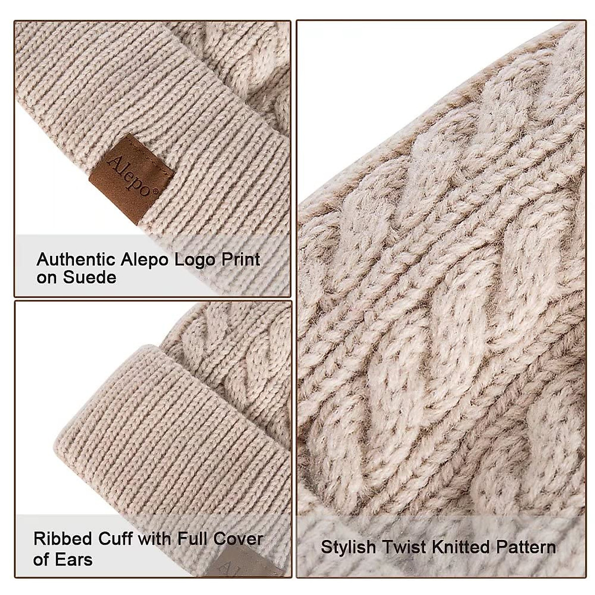 Alepo Womens Winter Beanie Hat, Warm Fleece Lined Knitted Soft Ski Cuff Cap with Pom Pom(Black+Soft Gray)