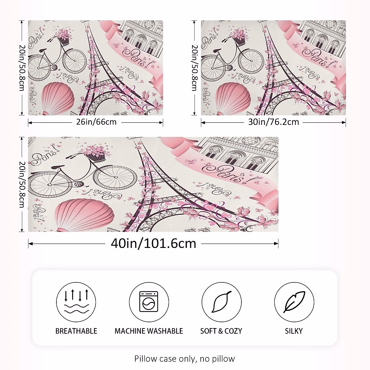 Nander Paris Eiffel Tower Flower Satin Pillowcase for Hair and Skin Cool Soft Silk Pillow Cases No Zipper, 1 PCS Pillow Cover with Envelope Closure - 20x26 inch