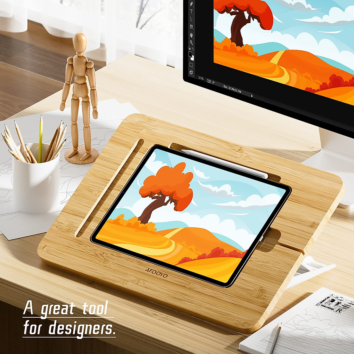 AFOOYO Wooden Tablet Drawing Stand Tablet Stand - Portable & Adjustable 5 Angles for Laptop, Laptop Stand Riser,Book Reading Stand,Compatible with 12.9 inch iPad Pro (3rd - 6th Gen)