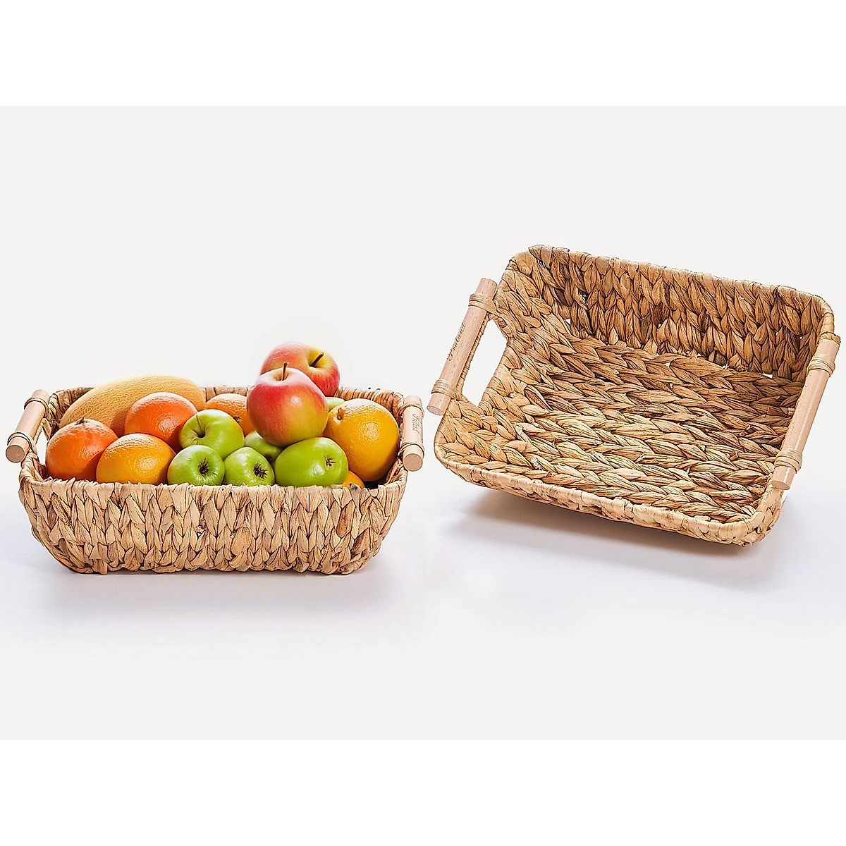 Storage Basket Hand-Woven Large Storage Baskets with Wooden Handles, Water Hyacinth Wicker Baskets for Organizing, 2-Pack