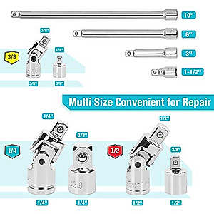 DURATECH 10-Piece Socket Accessory Kit, Includes 3/8” Drive Extension Bar Set, 1/4”, 3/8” & 1/2” Drive Universal Joints and Adapters, with EVA Foam Tool Organizer, Cr-V Steel Made
