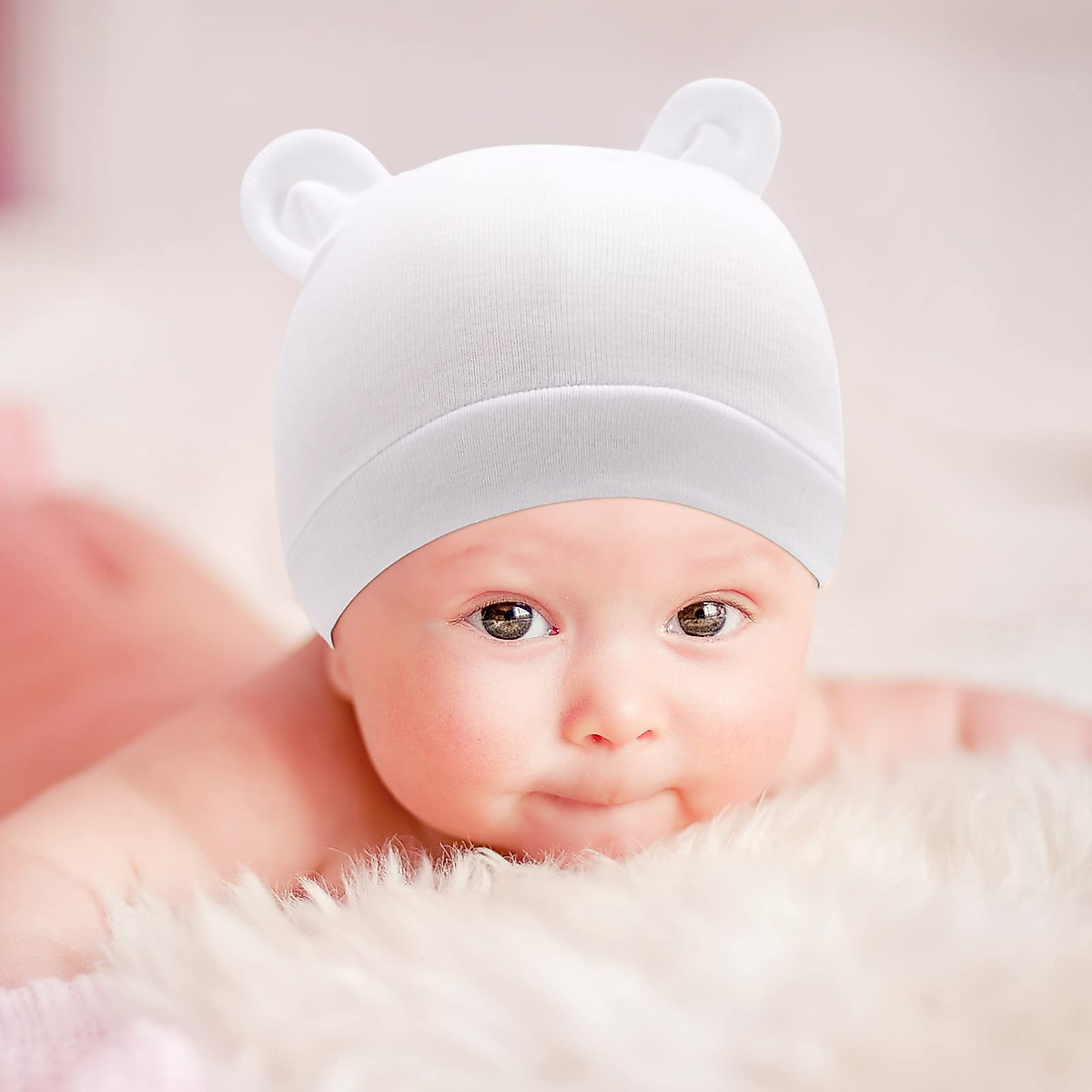 BQUBO Newborn Baby Hats Mittens Set Hospital Hat Beanie Bear Ears Preemie Infant Cotton Caps Gloves No Scratch Mittens for Baby Boys Girls 0-3 Months