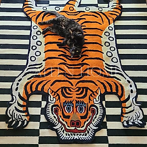 Allen Home Kids Wool Area Rug - Orange Tiger Shape - Tufted Traditional Wool Carpet - Area Rugs Suitable for Living Room, Bedroom, Dining Room - Handcrafted - 100% Wool - 2’ x 3’