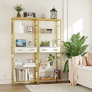 HOOBRO 5 Tier Bookcase with Charging Station, White and Gold Bookshelf with Drawer, Storage Shelves, Tempered Glass Bookshelf with Metal Frame, Open Display Shelves for Living Room, Gold DW65USJ01
