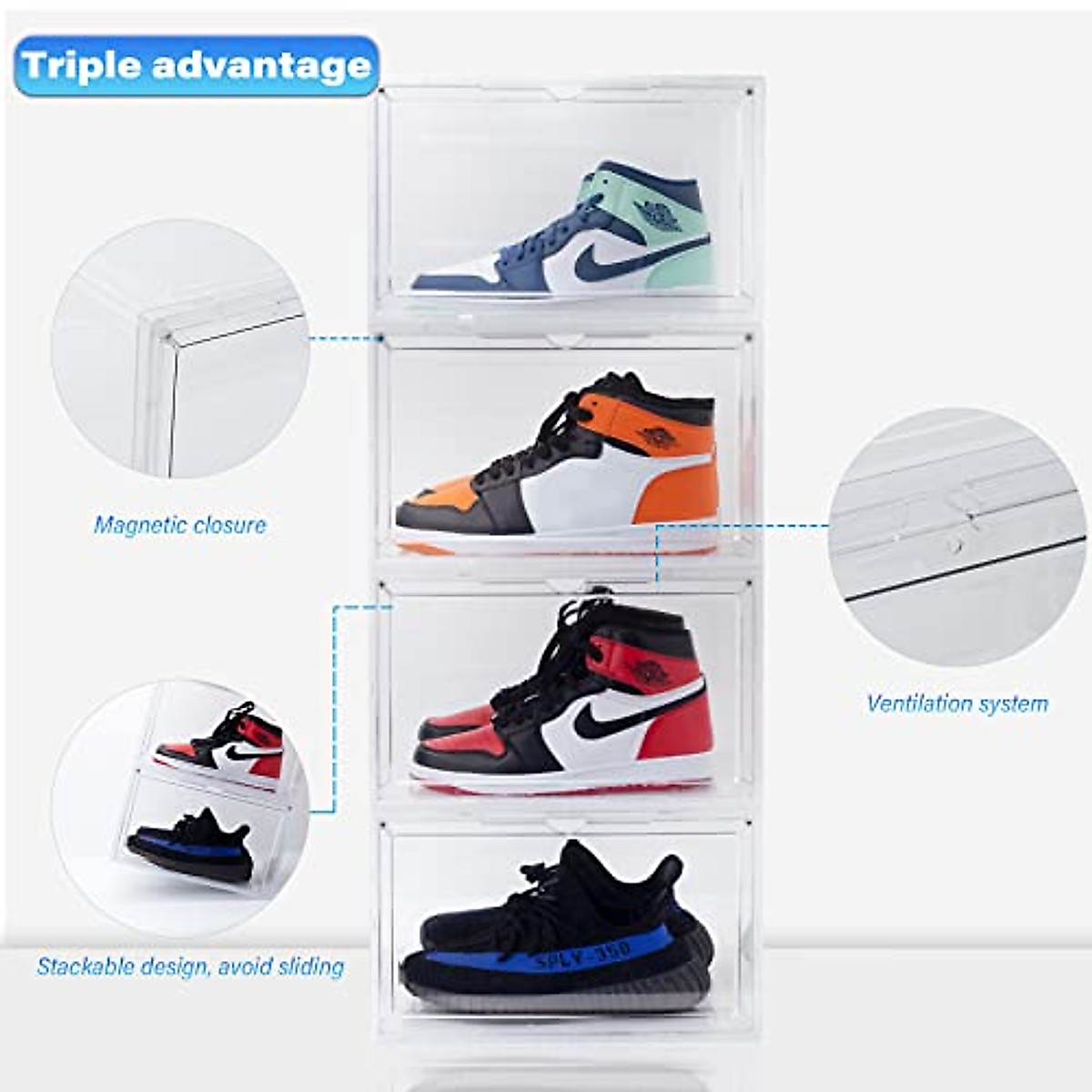 YOLOPARK Shoe boxes X-Large Clear Plastic Stackable Side Door Sneaker Display Case Pack of 4, Shoe Containers for Closet with Lids Shoe Storage Boxes Fit Size Up to US Men's 14 (4 Pack Clear)