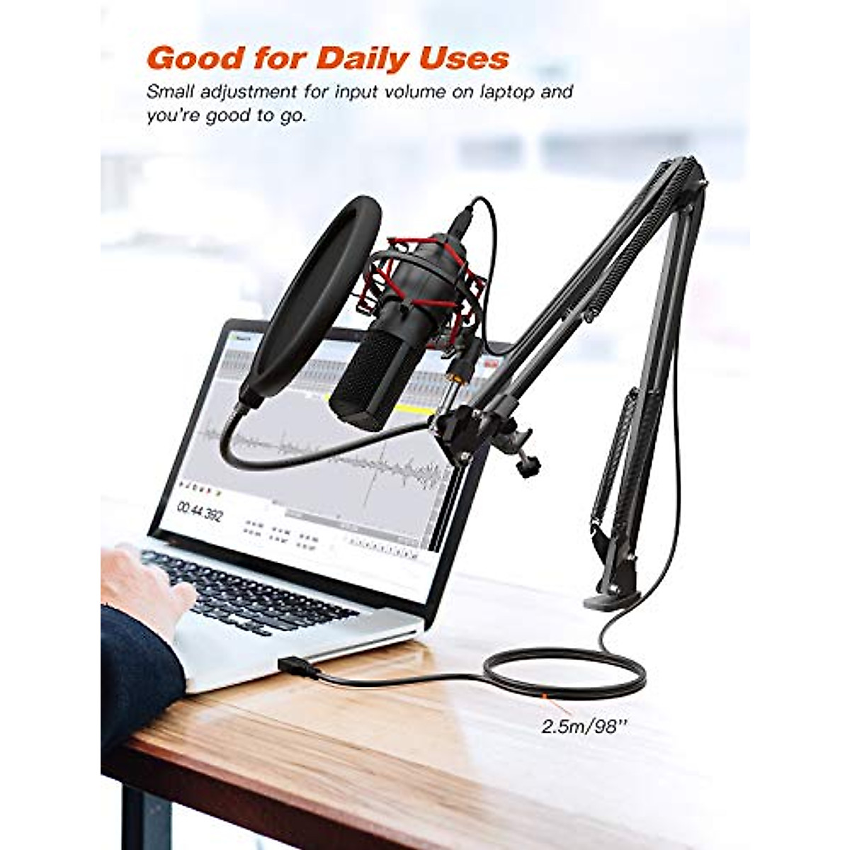 FIFINE USB Microphone Set with Flexible Boom Arm Stand Pop Filter, Plug and Play with PC Desktop Laptop Computer, Streaming Podcast Instrument Mic Kit for Home Studio (T732)
