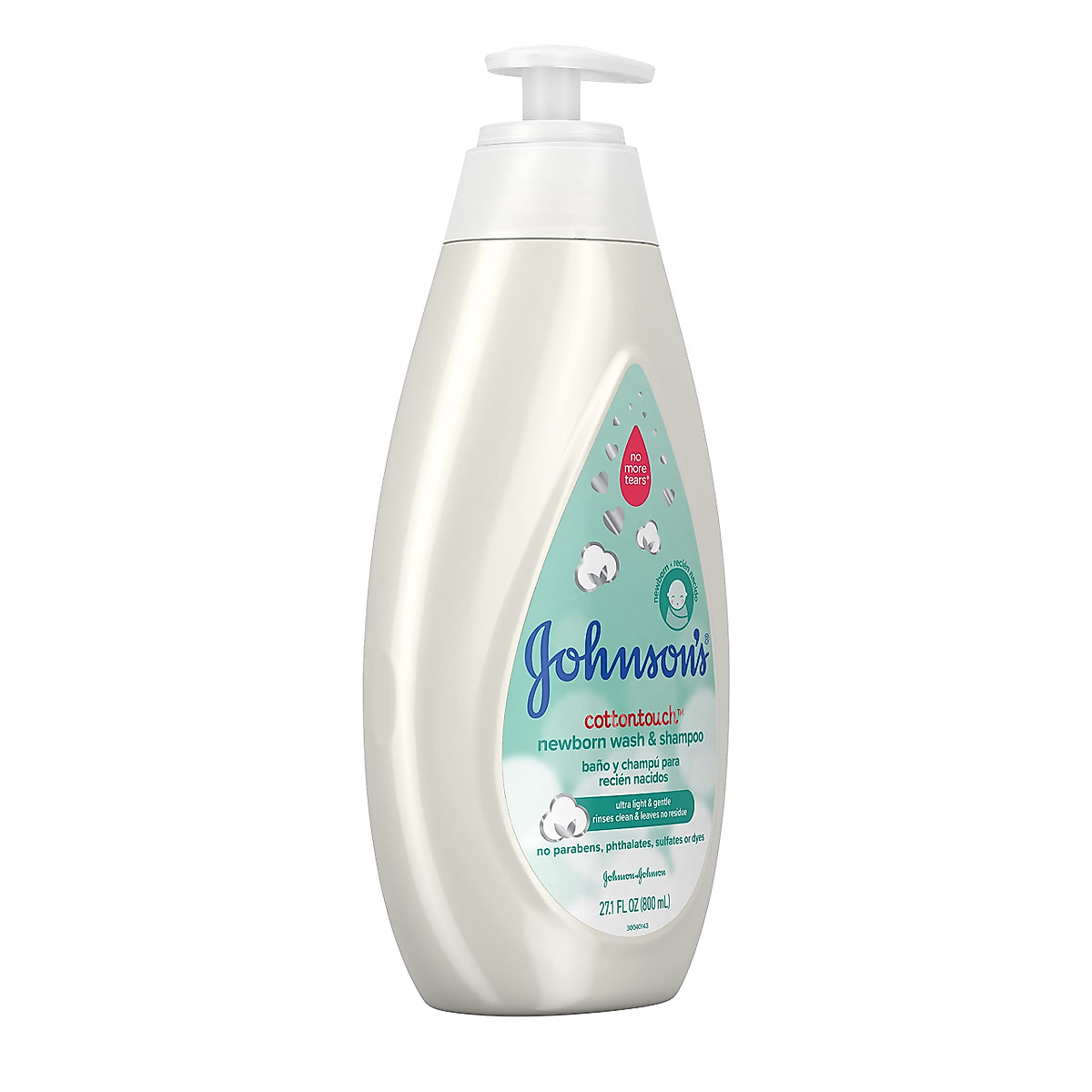Johnson's CottonTouch Newborn Baby Wash & Shampoo with No More Tears, Sulfate-, Paraben- Free for Sensitive Skin, Made with Real Cotton, Gently Washes Away Dirt & Germs, 27.1 fl. oz