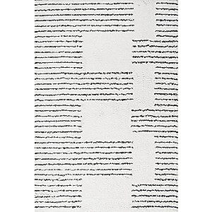 JONATHAN Y MOH407A-8 Petra Abstract Stripe Geometric Shag Indoor Area-Rug Bohemian Contemporary Glam Easy-Cleaning Bedroom Kitchen Living Room Non Shedding, 8 X 10, White/Black