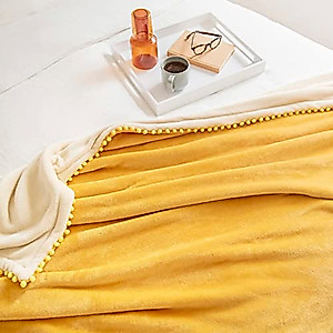 MONDAY MOOSE Cozy Fleece Throw Blanket with Pom Pom Fringe, Super Soft Lightweight Microfiber Flannel Blanket, Double-Sided Designs, for Couch Bed Sofa Home Decor (50x60 inch, Yellow/Beige)