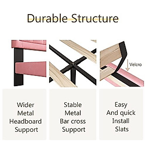 UNIZONE Full Upholstered Bed Frame with Headboard, Tufted Platform Bed with Button Headboard, Wood Slats Support, Mattress Foundation, No Box Spring Needed, Easy Assembly, Modern, Velvet, Pink