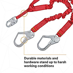 3M Protecta PRO 1340161 6', 100-Percent Elastic Shock Absorbing Lanyard, Snap Hook At Center, Steel Rebar Hooks On Leg Ends, 310 lb. Capacity, Red