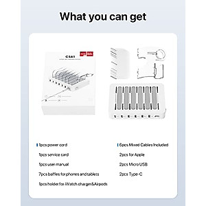 SooPii Premium 6-Port USB Charging Station Organizer for Multiple Devices, 6 Short Charging Cables and One Upgraded i-Watch Charger Holder Included, for Phones, Tablets, and Other Electronics, White