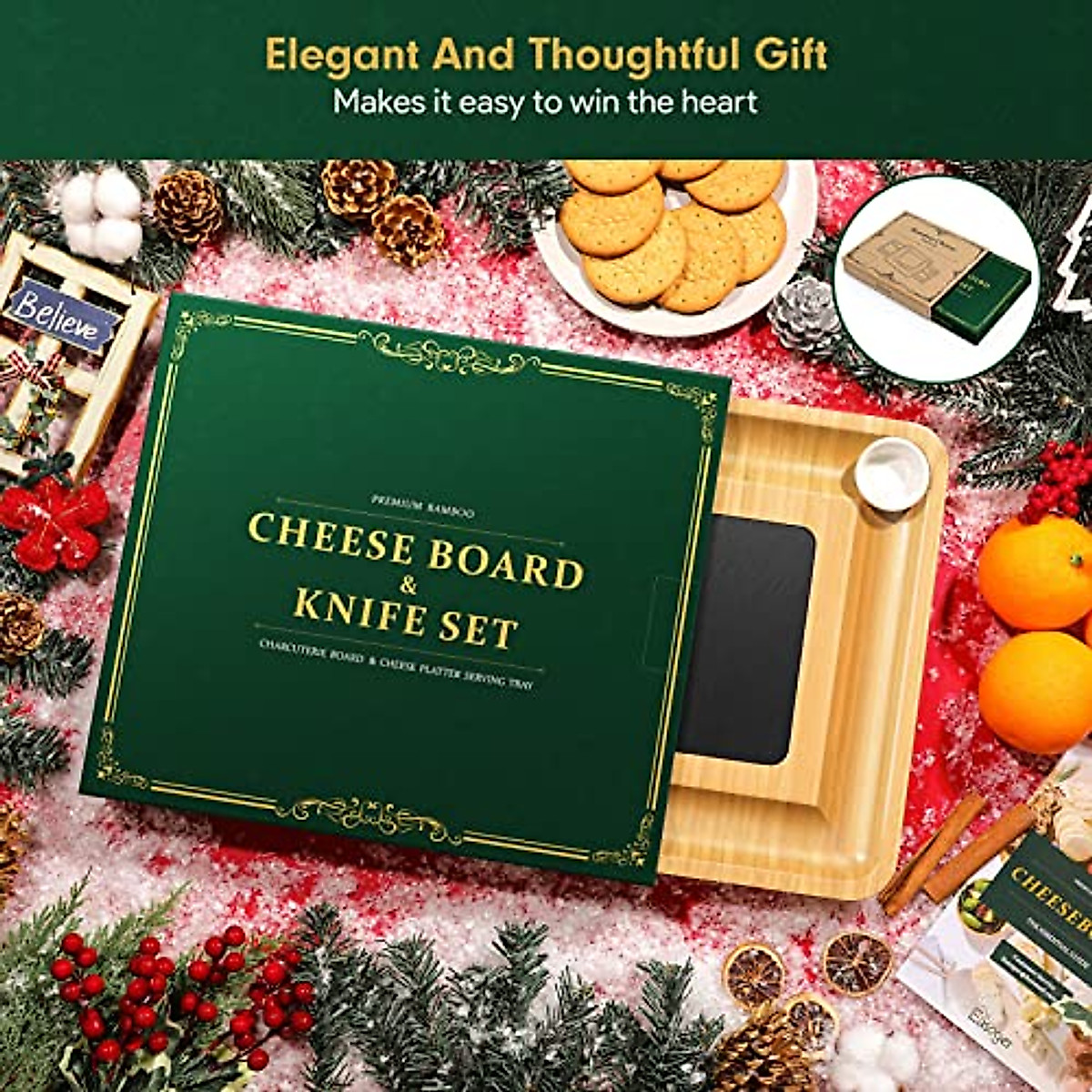 Easoger Large Charcuterie Board (28"×13"×1.6") with 2 Drawers, Bamboo Cheese Board with Knife Set, 2 Ceramic Bowls, Cutting Protection Natural Slate and Non-slip Feet, ideal for Housewarming Gift