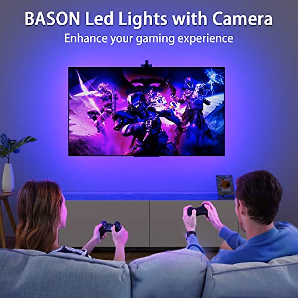 BASON LIGHTING LED TV Backlights with Camera,Side Illumination TV Lights Kit with Daul Control Modes,12.4ft Color Changing Rope Lights for 55-65 inch TV, Music Sync for Gaming Bedroom HDTV Mood Light.