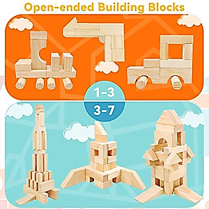 Onshine Large Wooden Blocks for Toddlers 1-3, 64 Pieces Big Wood Building Blocks Set with Wooden Storage Box, Large Toddler Blocks Building and Stacking Toys Construction Set