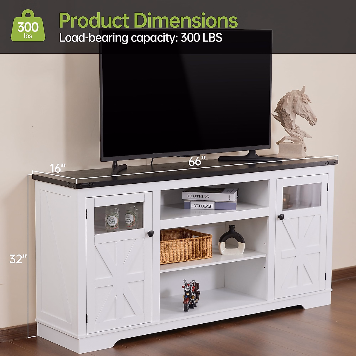 Real Relax Farmhouse TV Stand Perfect for 65" TV Cabinet, 32" Tall Entertainment Center, with Storage Shelves, MDF, Adjustable partitions, Rustic Media Console, Suitable for Living Room, White