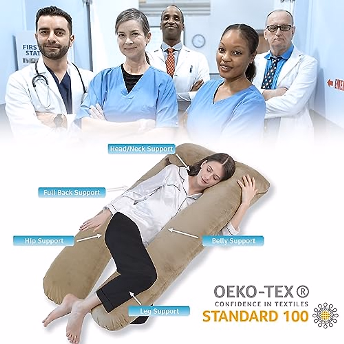 DOWNCOOL Pregnancy Pillow, U Shaped Body Pillow for Pregnancy, 55 Inch Khaki Maternity Pillow with Removable Cover for Sleeping,Support for Back, HIPS, Legs, Belly