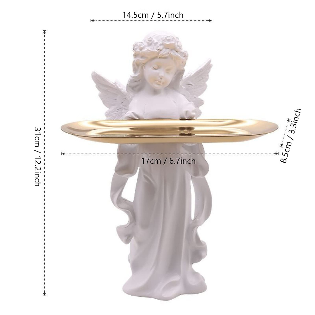 Z1SR Desktop Angel Figurines Holding Storage Tray, 12'' Tall Watch Key Snack Jewelry Holder Decorative Tray Resin Angel Statue with Tray in Hands Home Office Desktop Decoration, White
