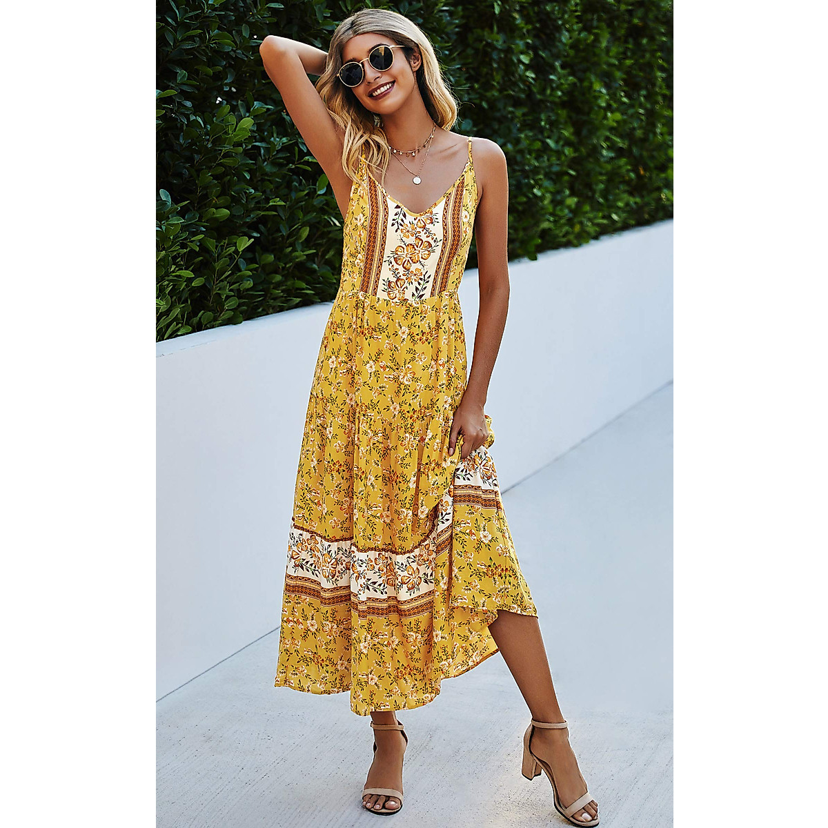 Angashion Women's Dresses Floral Adjustable Spaghetti Strap V Neck Boho Long Maxi Dress Summer Beach Flowy Ethnic Sundress 2141 Yellow Medium
