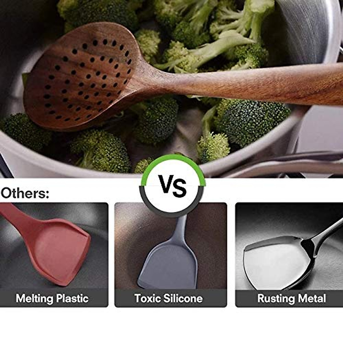 LMMDP Wooden Utensils Set of 6, Large Kitchen Cooking Utensil for Non Stick Cookware, Natural Teak Wood Spoons Spatula Ladle Colander